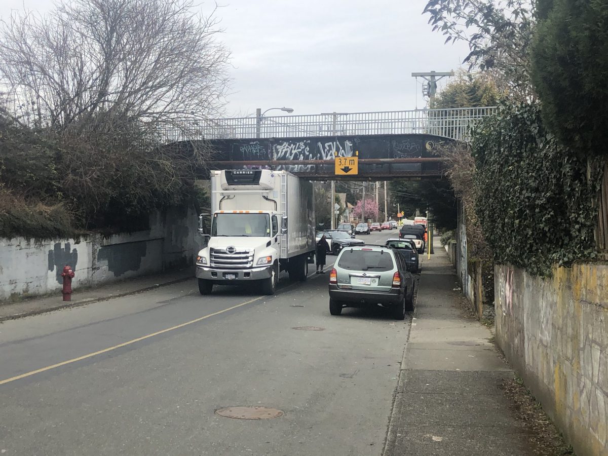 Another truck gets stuck under rail bridge in Vic West