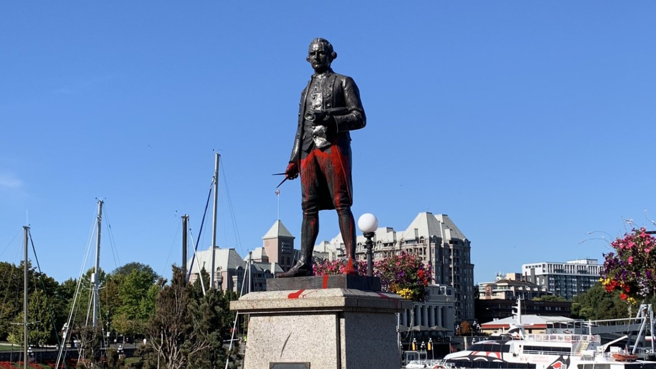 Captain Cook statue in downtown Victoria vandalized with red paint