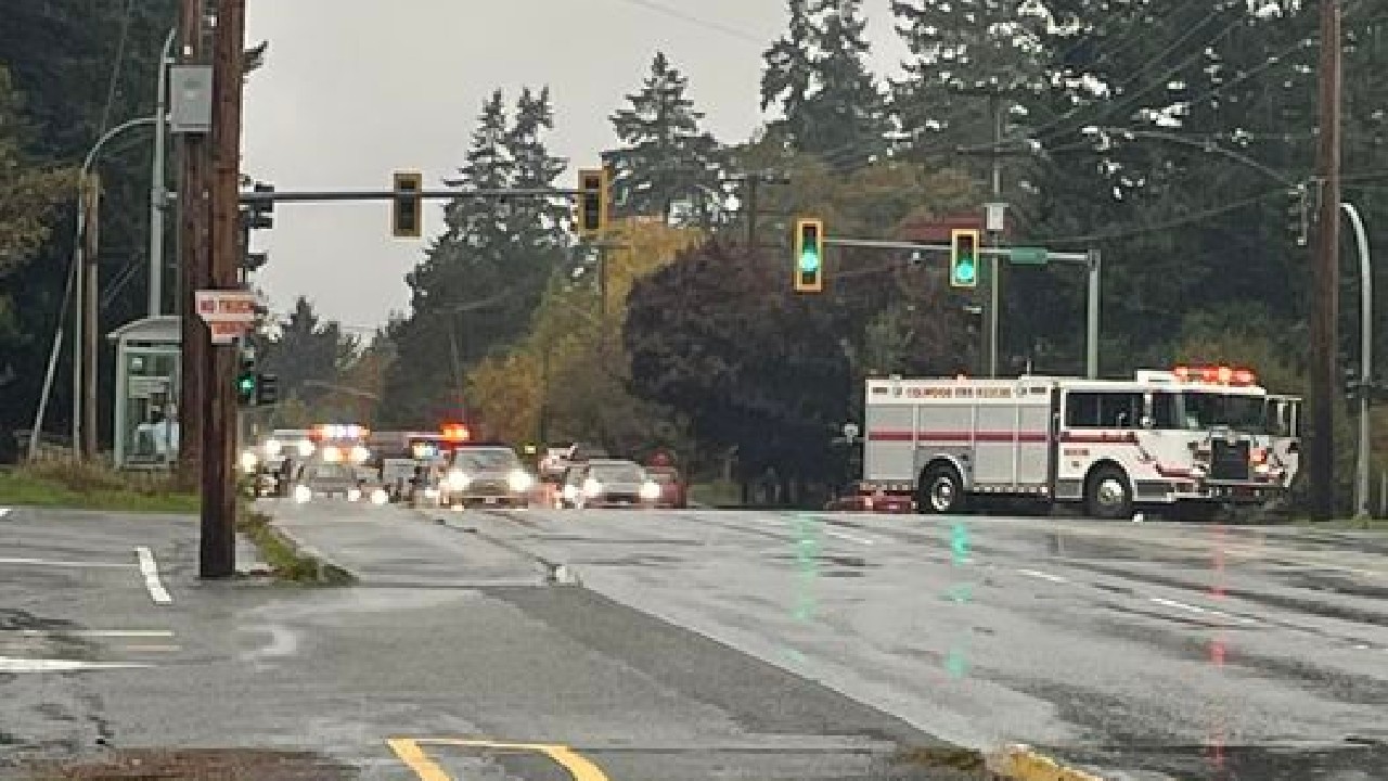 Sooke Road near Royal Roads blocked after driver hits power pole